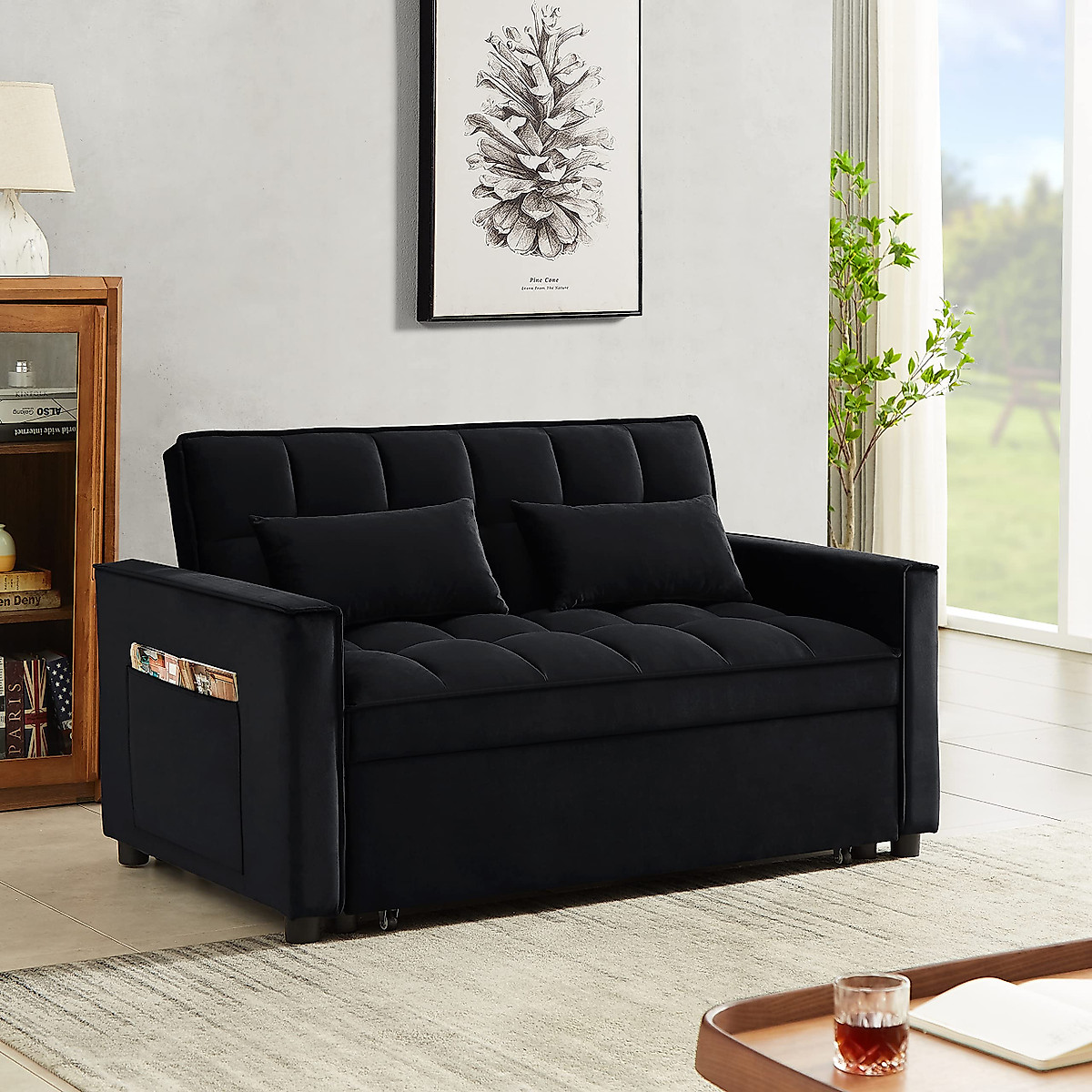 Antetek Convertible Sleeper Sofa Bed, 3 in 1 Velvet Loveseat Futon Sofa Couch with Pullout Bed, Black, 54"