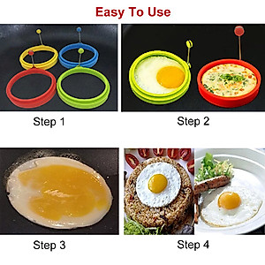 Silicone Egg Rings Round - NUIBY Non Stick Fried Egg Mold - Pancakes Maker Molds - Breakfast Egg Sandwich Cooker Maker - 4 Pack 4 Color, with Bonus 1 Spray Brush or 2 Egg Poachers or Both