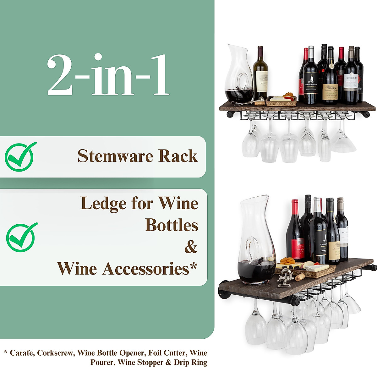 Rustic State Wall Mounted Reclaimed Wood Floating Wine Bottle Rack with Glassware Holder Stemware Shelf Storage Organizer - Home, Kitchen, Dining Room Bar Décor - Walnut