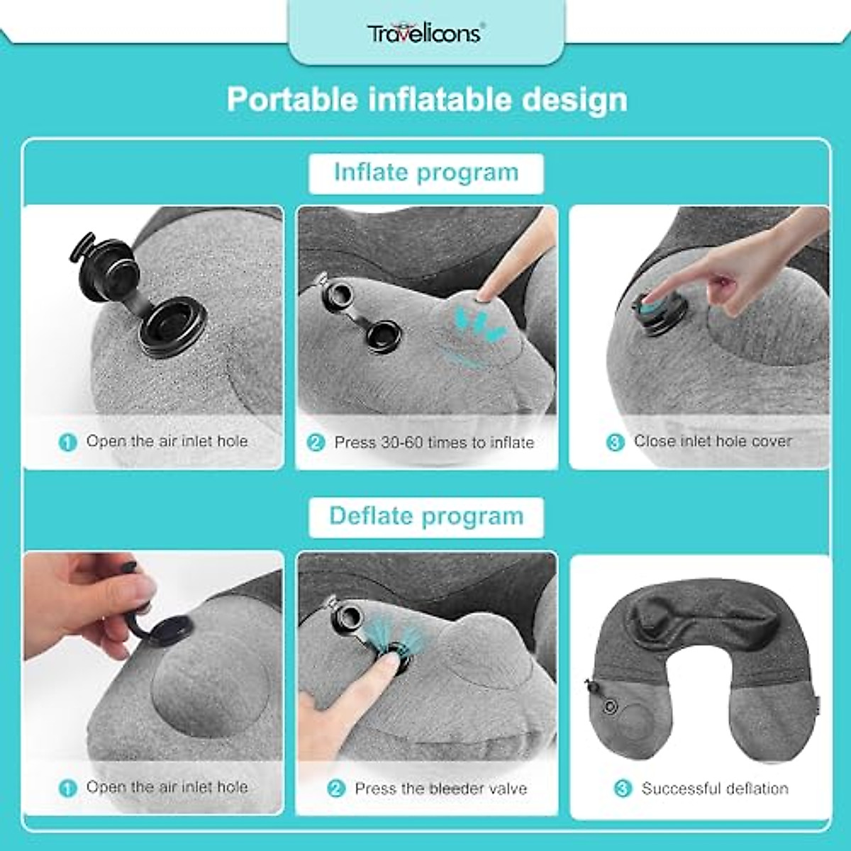 Travelicons Inflatable Travel Pillow,Neck Pillow for Traveling,Airplane Travel Pillw Improved Support Design for Car Sleeping