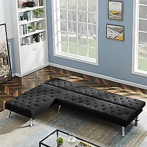 Modern Fabric Futon Sofa Bed with Convertible Single & Double Seat Futon Beds,L-Shaped Reversible Sectional Couch Sofa Bed with Metal Legs for Home/Living Room/Apartment/Dorm (Black + Fabric)