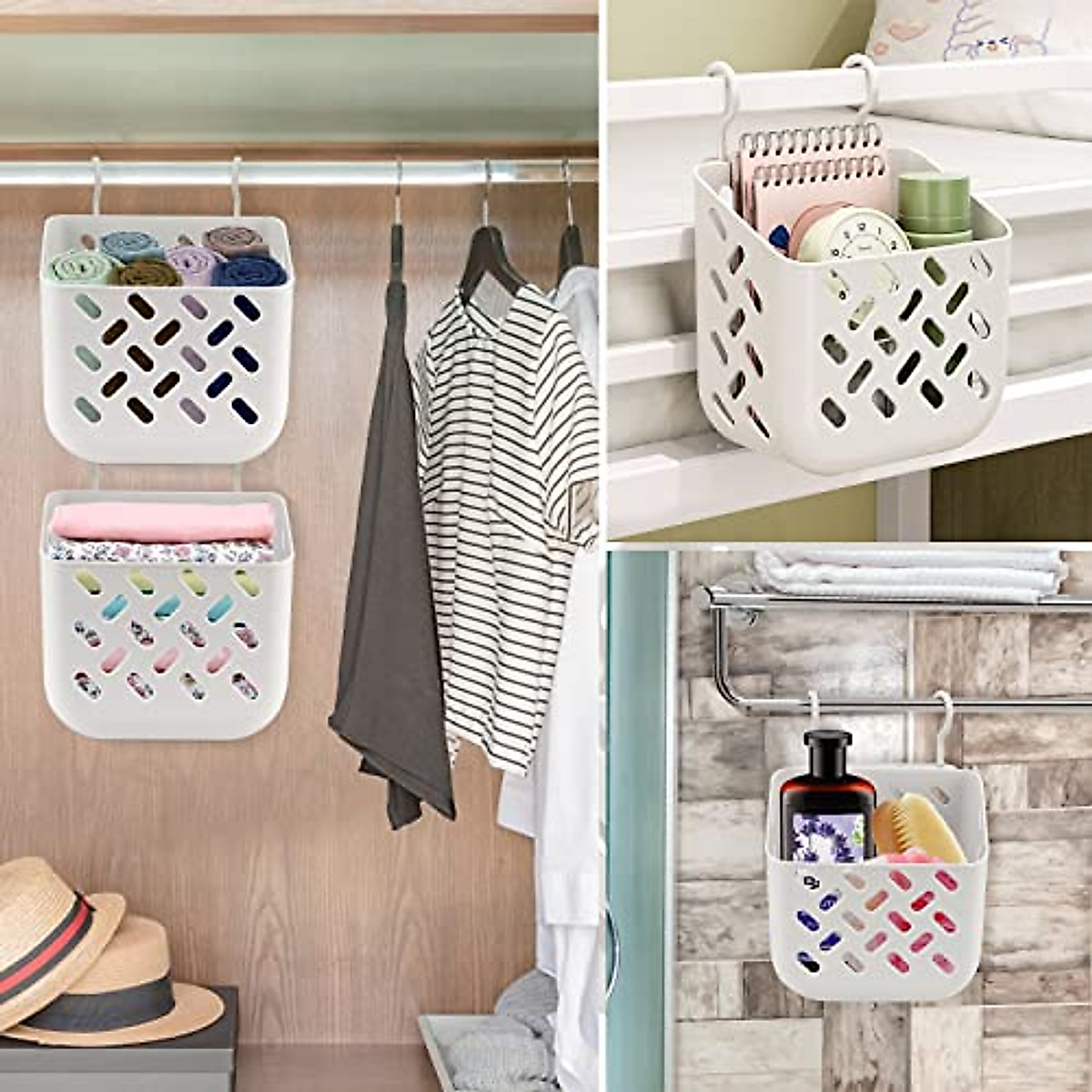 Lunmore Plastic Hanging Shower Caddy Basket, Bathroom Organizing Basket with Hook, Bedside Organizer for Bathroom, Kitchen, Dorm Room (2 Pcs, White-Gray)