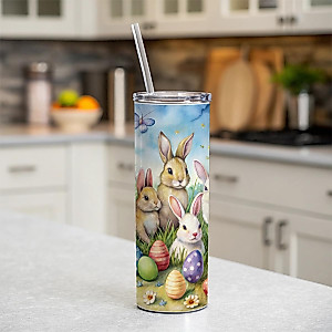 Easter Bunnies Watercolor Skinny Tumbler 20oz with Straw Insulated Water Bottle Gift