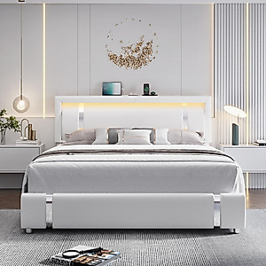Keyluv King Size Bed Frame with RGB LED Lights & 2 Storage Drawers, Modern Upholstered Platform Bed with Iron Metal Decor, USB Charging Ports, White