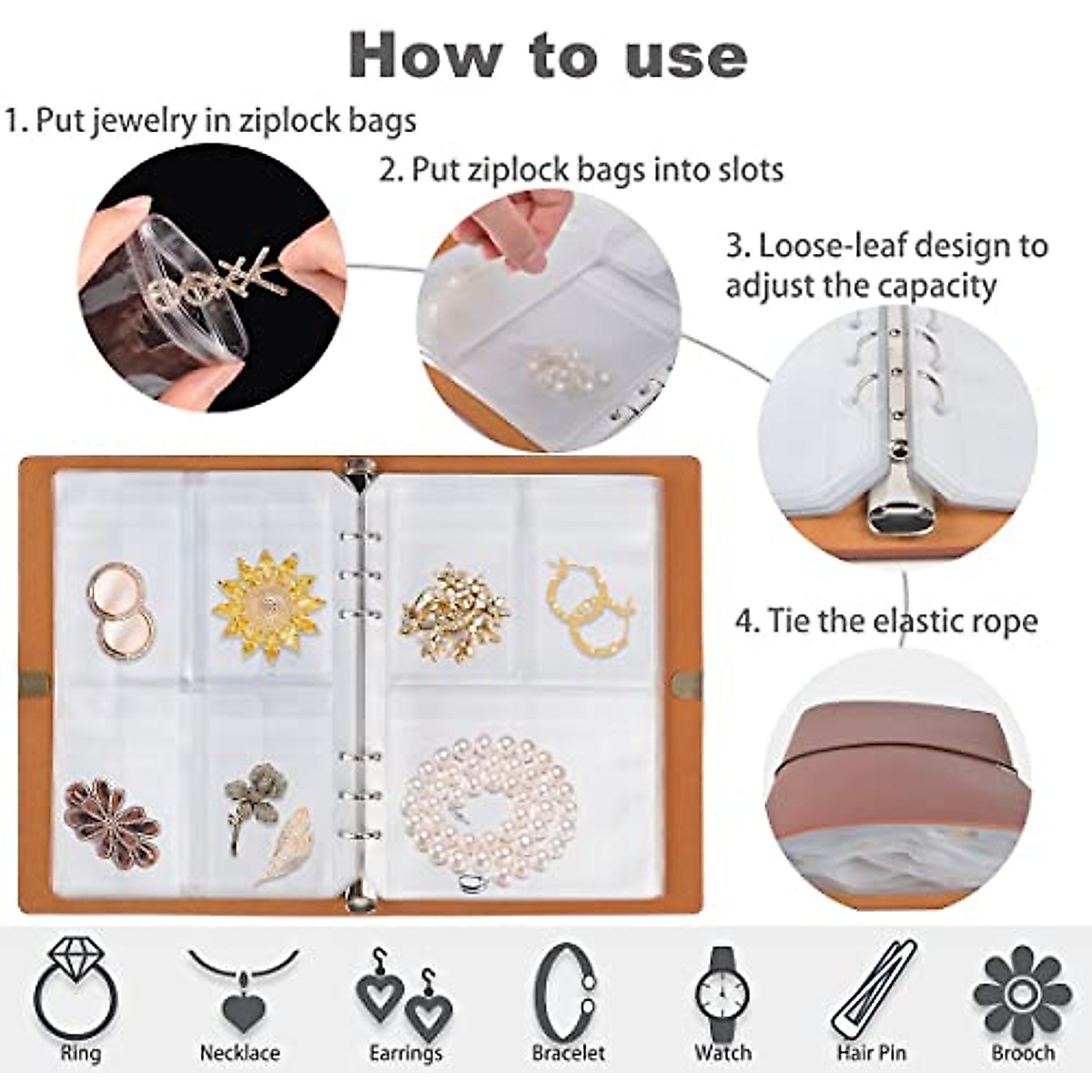 ChezMax Jewelry Organizer, Jewelry Storage Book with Pockets, Foldable Earrings Travel Album, PU Leather Accessories Holder Booklet for Bracelets Necklace Rings (64 Grids+64 Anti-Oxidation PVC Bags)