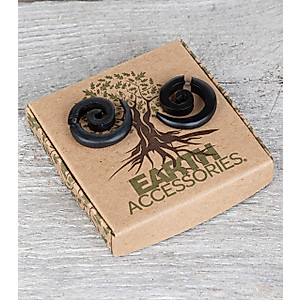 Earth Accessories Spiral Fake Gauges for Women or Men - Faux Gauge Earrings with Organic Wood and Surgical Steel - Fake Plugs Sold as a Pair in Black