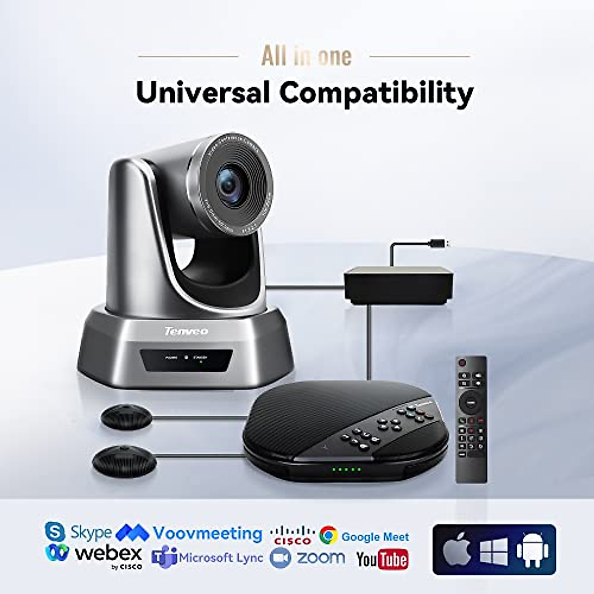 Tenveo All-in-One Video and Audio Conference Room Camera System 10X Optical Zoom USB PTZ with Bluetooth Speakerphone Expansion Microphones for Large Remote Meeting Work with Zoom Skype