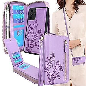 Lacass Compatible with Samsung Galaxy A13 5G /4G LET Crossbody Chain Dual Zipper Detachable Magnetic Leather Wallet Case Cover Wristlets Wrist Strap 13 Card Slots Money Pocket(Floral Purple)