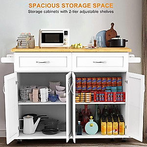 Pliwier Kitchen Island Cart on Wheels with Cabinet, Rubberwood Countertop, Lockable Casters, Adjustable Shelves, Kitchen Storage Islands for Dining Room, L48xW18xH36 Inches, Easy Assembly