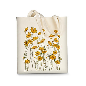 AUSVKAI Canvas Tote Bag Aesthetic for Women, Cute Yellow Flower Reusable Cloth Cotton Bags for Shopping School Beach Trendy Gifts