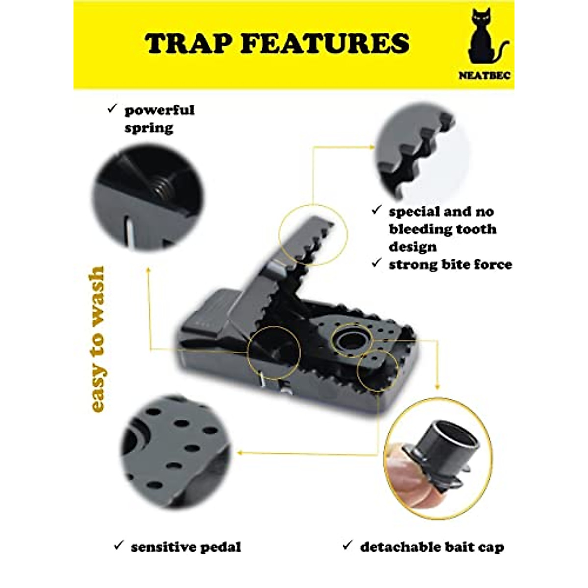 Reusable Mouse Trap with Gloves Indoor and Outdoor (Pack of 6,8 and 12) Safe Mouse Trap Easy to Clean and Setup Bait Reacting Quickly, Reusable and Durable Neatbec (Pack of 6)
