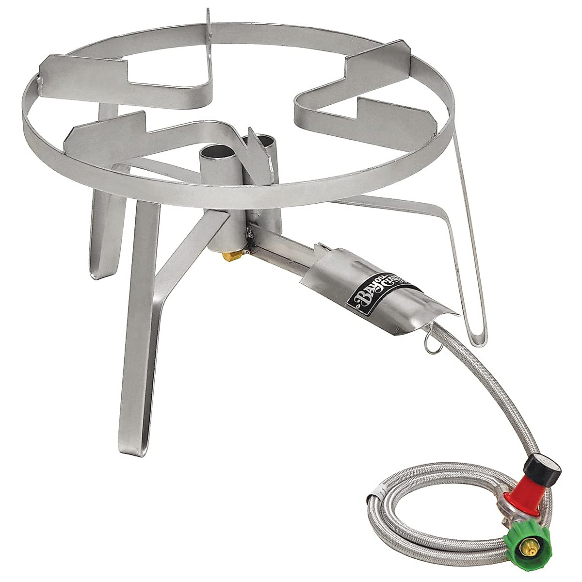 Bayou Classic SS2 18-in Stainless Dual Jet Cooker Features 18-in Cooking Surface 12.5-in Tall Welded Frame 30-psi Pre-Set Regulator w/ 48-in Stainless Braided Hose