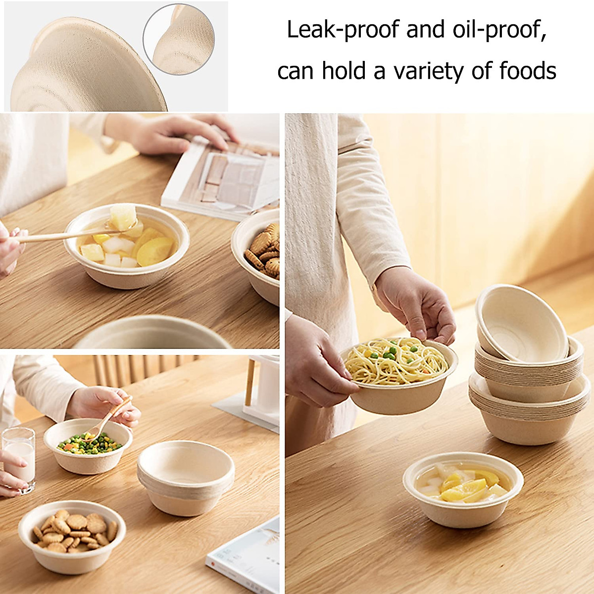 Qiuttnqn 100 Pack Compostable 12oz Paper Bowls,Heavy-Duty Quality Natural Paper Bowls Disposable,Natural Plant Fiber Dinner Bowls for Snacks,Parties,Picnics,Banquets and Barbecues