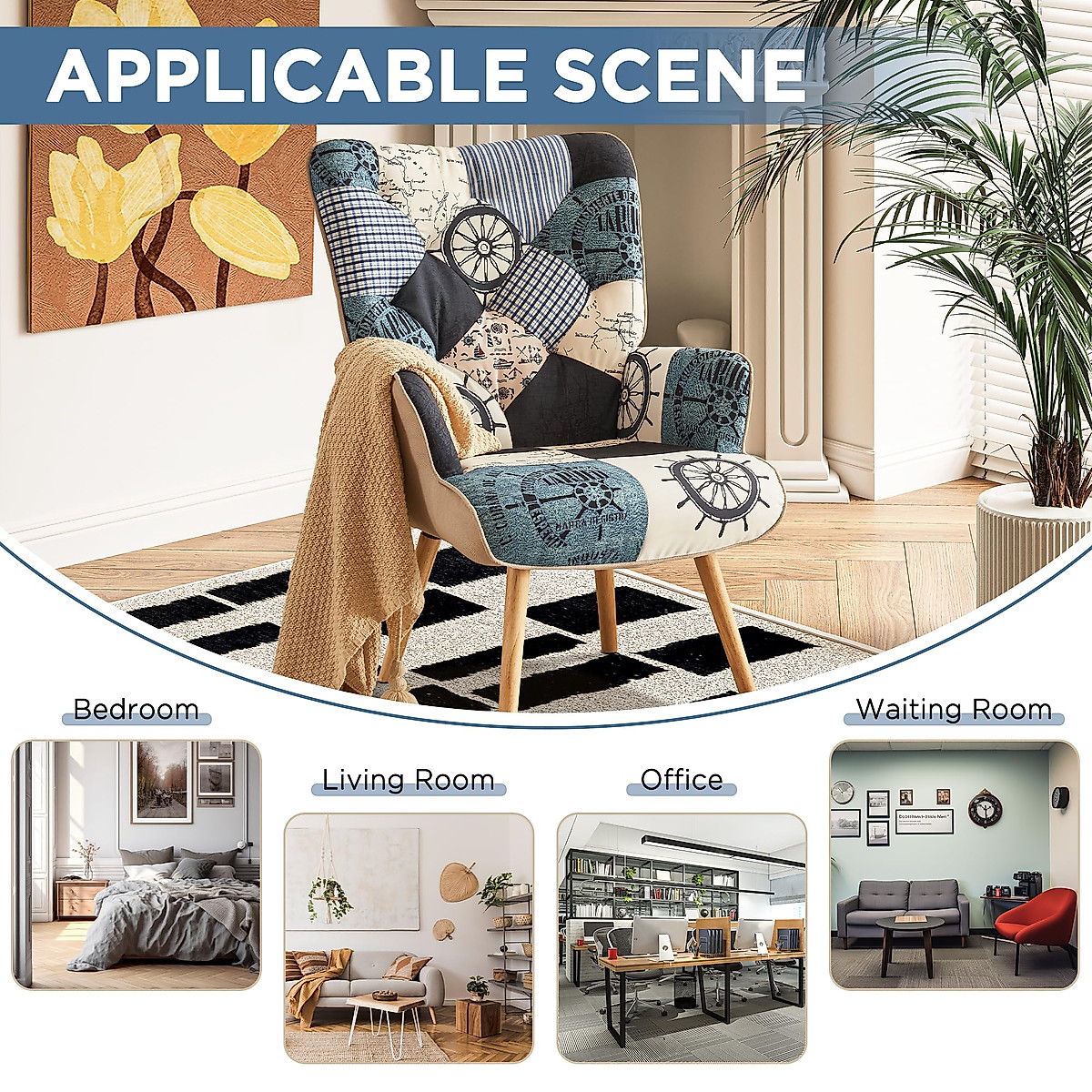 Fahomiss Accent Chair, Living Room Chair, Modern High Back Armchair, Colorful Patchwork Reading Chairs for Bedroom, Lounge Chair with Linen Fabric Shell and Solid Wood Feets (1, Blue)