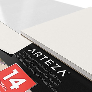 ARTEZA Watercolor Paper, 14 Sheets, 9x12 Inches Watercolor Pad, 140lb/300gsm, 100% Cotton, Double-Sided, Cold Press, Acid Free Art Paper