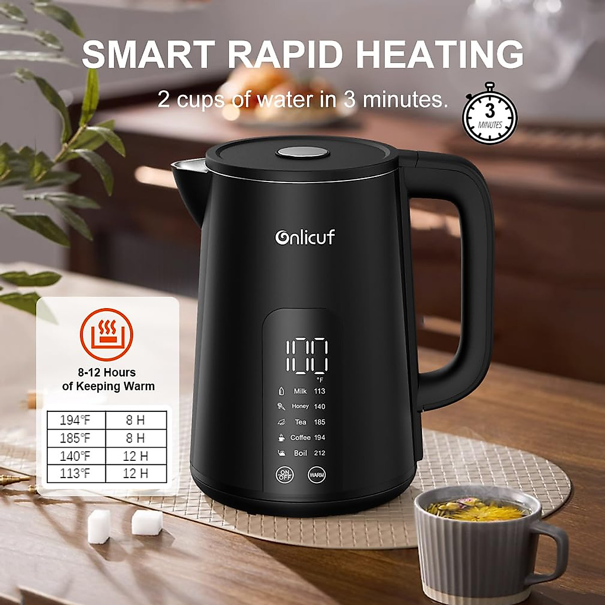 Onlicuf Temperature Control Electric Kettle, Long-term Keep Warm 304 SS Interior 1.7 L Electric Tea Kettle & Hot Water Boiler with Real Time Display,Auto-Off & Boil-Dry Protection, BPA Free