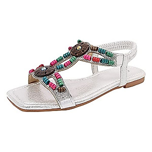 Women's Bohemia Rhinestone Flat Sandals Open Toe Elastic Ankle Casual Shoes Summer Beach Comfortable Slides (Silver, 8.5)