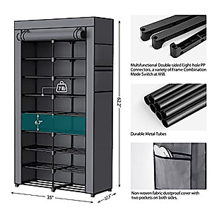 HODYANN Shoe Rack, 9 Tiers Tall Shoe Rack, 36-40 Pairs Shoe Organizer with Nonwoven Fabric Cover, Double Row Black Shoe Rack for Closet (Black Rack with Gray Cover)