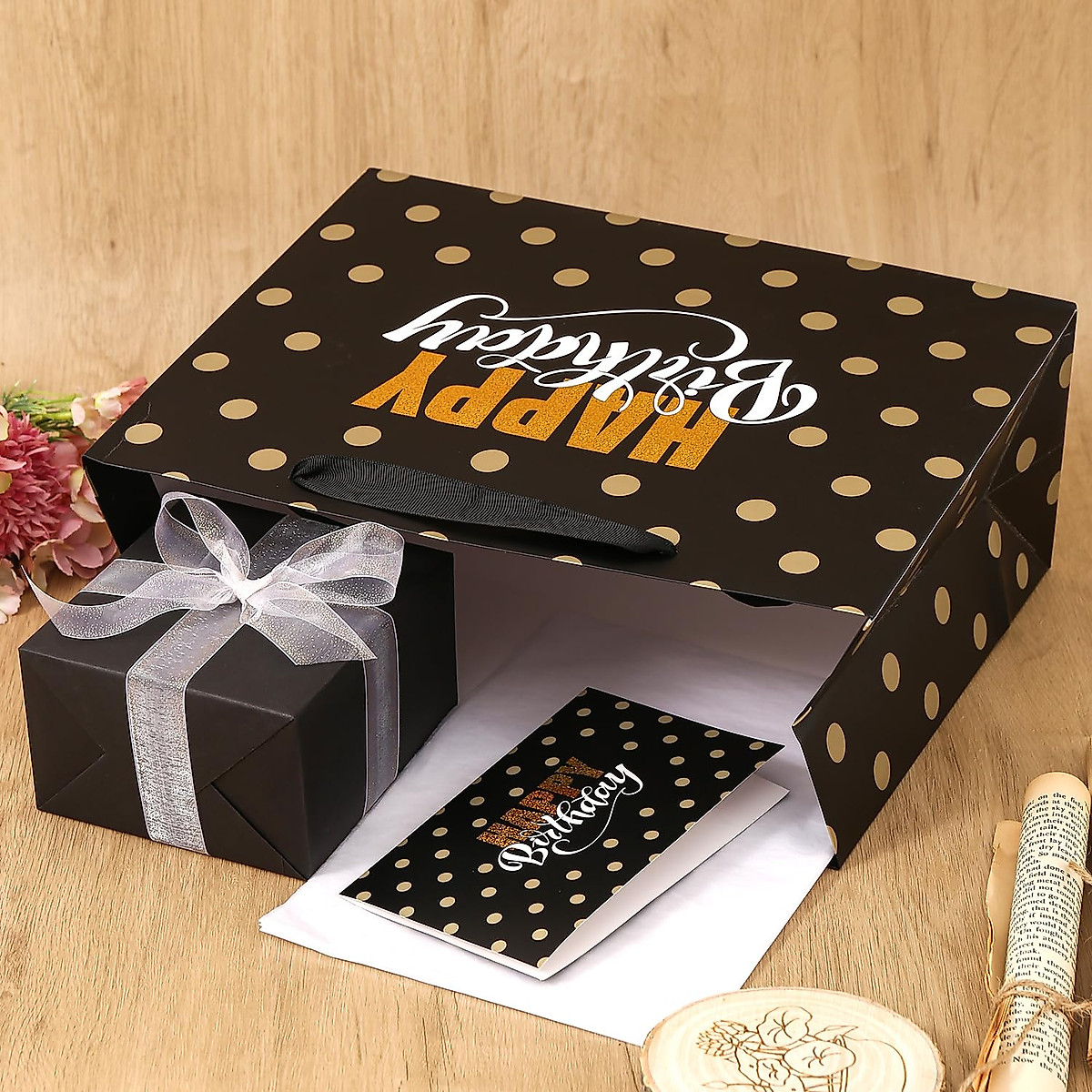CAMKUZON Black Birthday Gift Bag with Card and Tissue Paper - Gold Foil Happy Birthday & Polka Dot Design - Large Gift Bags for Birthday Party, 13" X 10" X 5"
