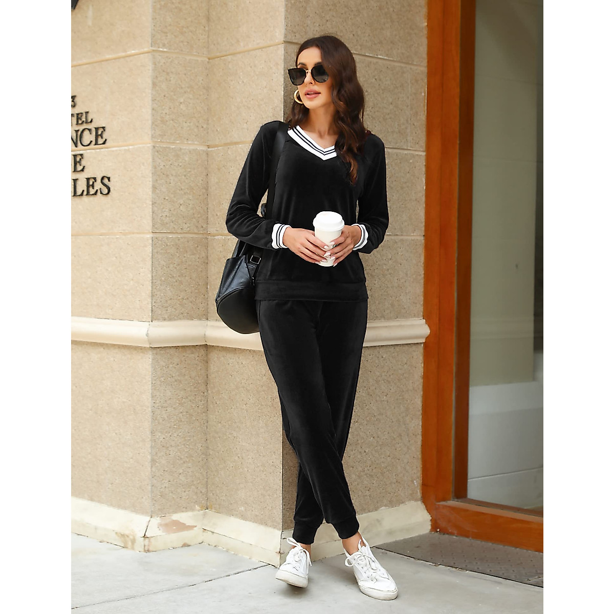 Irevial Track Suits for Women, Ladies V Neck Long Sleeve Crushed Velvet Tops Casual Sweatsuit Sets Jogging Pant with Pockets Elastic 2 Piece Outfits Black XL