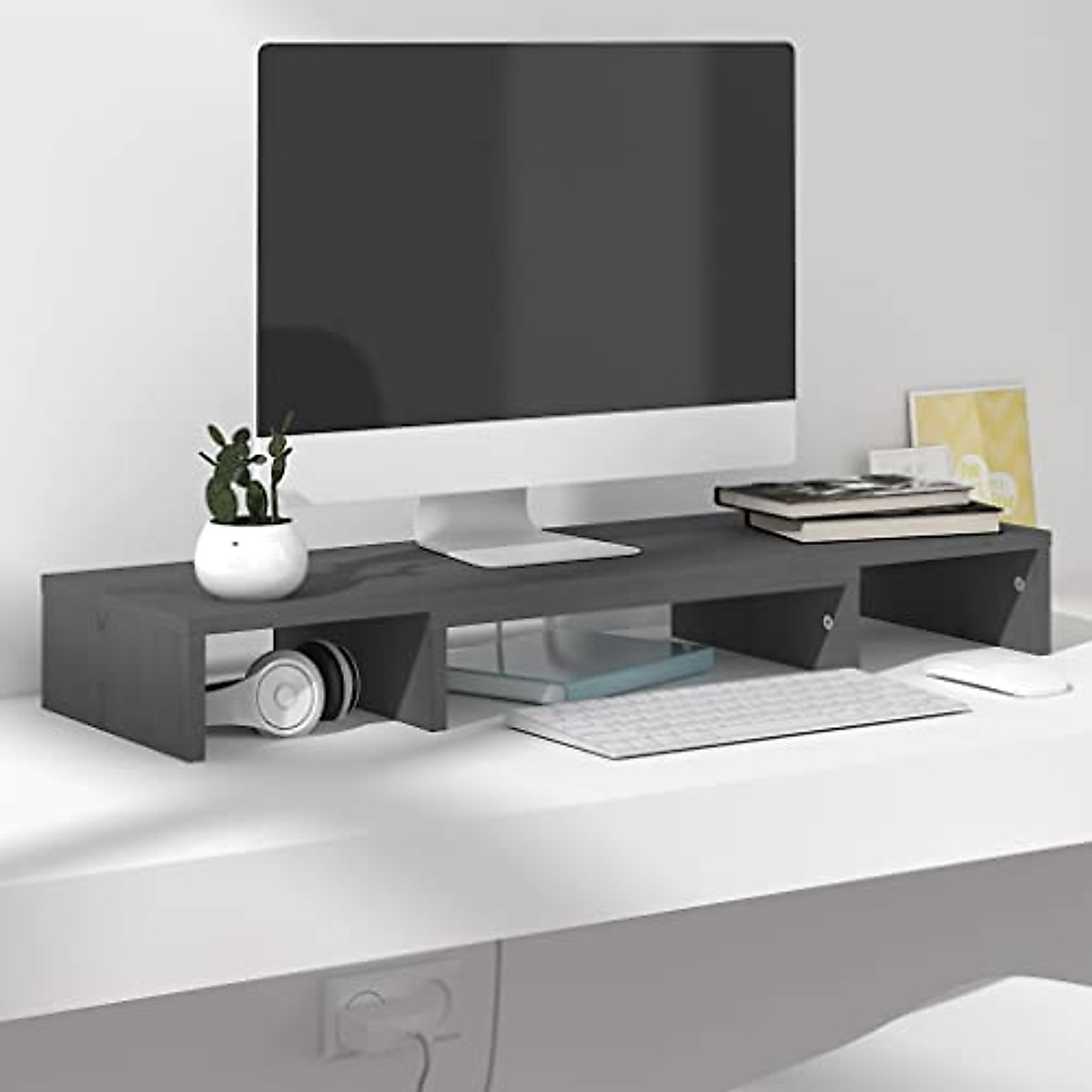 CHARMMA Monitor Stand,TV Stand Monitor Riser for TV,Printer,Laptop Computer Solid Wood Pine Stand Storage Shelf for Desk Organization Gray 31.5"x9.4"x4.1"(LxWxH)