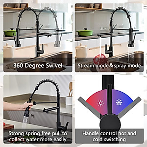 RIGFRCH Commercial Kitchen Sink Faucet with Pull Down Sprayer for Modern Kitchens， Stainless Steel Dual Water Outlet Pull Down Sprayer Single Handle Dual Temperature Kitchen Faucet（ Matte Black）