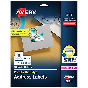 Avery Print-to-The-Edge Printable Address Labels with Sure Feed, 1-1/4" x 2-3/8", White, 450 Blank Mailing Labels (06871)