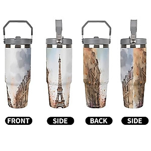 BWQJKUO Large Capacity Car Cup 30 Oz Stainless Steel Watercolor Paris Printed Travel Mug Leak-proof Flip Straw Tumbler with Handle,keeps Cold Or Ho