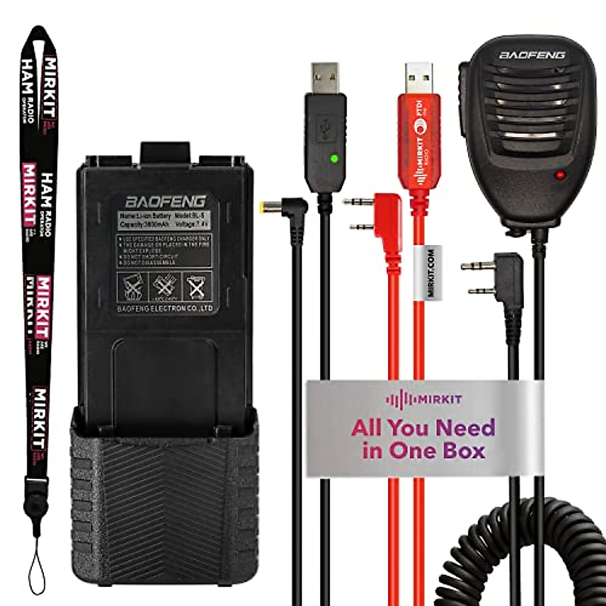 MIRKIT UV-5R Accessories Compatible with Baofeng BF-F8HP, Full House Set: UV5R Battery BL-5L 3800 mAh, USB Charge Cable, Speaker Mic, Mirkit FTDI Programming Cable Model 3, Lanyard Mirkit