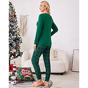 difficort Christmas Pajamas for Women Long Sleeve Shirt and Pajama Pants Soft Lounge Sets with Pockets, Dark Green, Medium