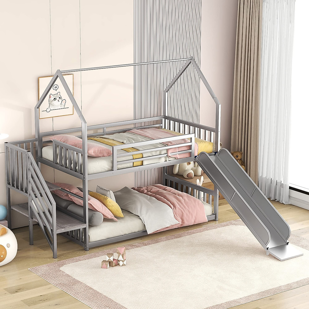 Harper & Bright Designs Twin Over Twin Metal Bunk Bed with Slide and Stairs, Low Bunk House Bed for Kids, Floor Bunk Bed, Modern Style Heavy-Duty Steel Frame (Silver)
