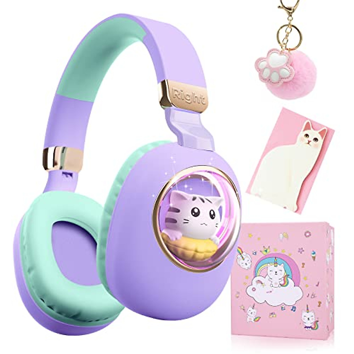 QearFun Kids Bluetooth Headphones with Mic, Led Light Up Cat Over Ear Wireless Headphones for iPad/Tablet/PC/School, Birthday Gifts for Girls/Kids/Toddler (Purple)