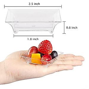 TOFLEN 100ct 1 oz Mini Dessert Plates with Tasting Spoons - Reusable Clear Plastic Square Party Serving Trays Mini Plates for Appetizers, Chocolates, Ice Cream, Fruit and More