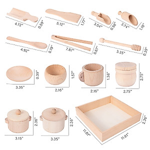 Montessori Sensory Bin Tools Toy with Wooden Box for Toddlers, Pretend Play Dish Toys Wooden Bowls Scoop Tongs Transfer Work Pouring Set, Kids Fine Motor Skills Development
