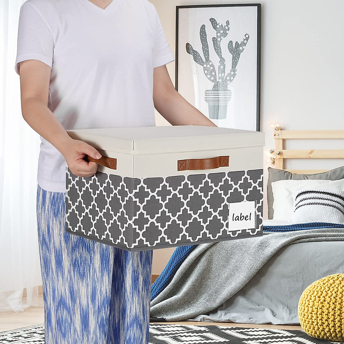 PFFVRP Extra Large Storage Bins with Lids, Foldable Fabric Storage Baskets with Lids, Sturdy Storage Boxes with Labels and 3 PU Handles for Closet Home Office (32L, 3 Packs, Grey Plaid&White)