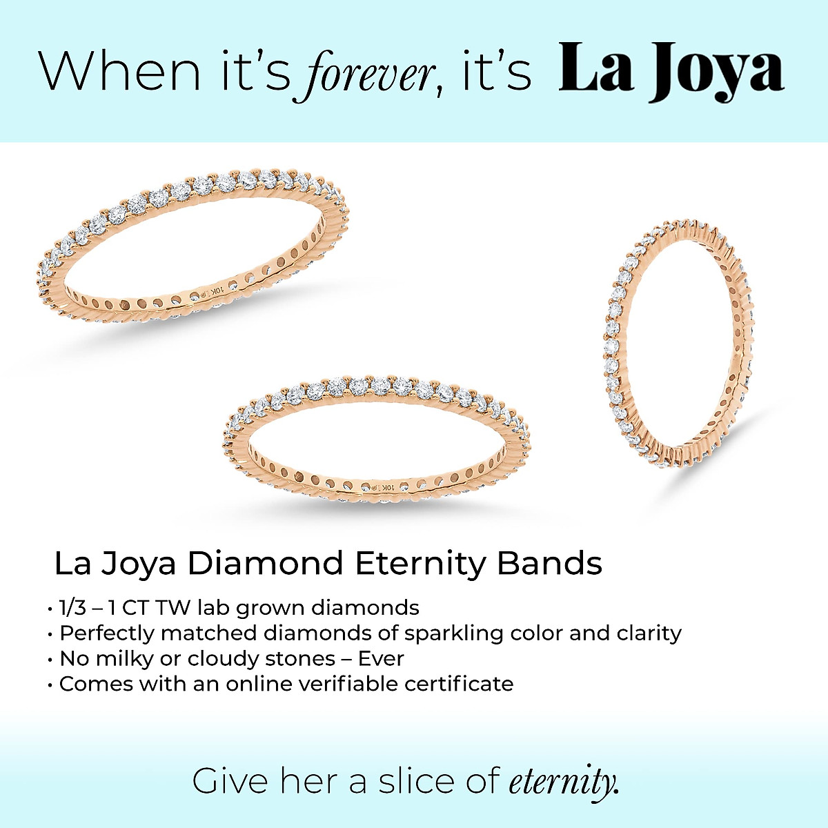 La Joya 1/2 CT TW Certified Lab Created Diamond Eternity Rings for Women | Sparkling 10k Rose Gold Wedding Bands for Women, Stackable Band and Diamond Anniversary Band | Ring Size 5.5