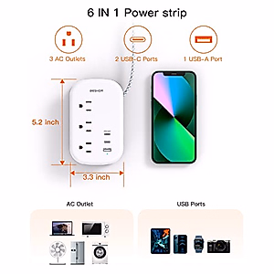 Flat Plug Power Strip, USB C Travel Power Strip Ultra Flat Extension Cord - 3 Outlets with 3 USB Ports(2 USB C), 3.2ft Wrapped Around Extension Cord for Cruise Ship, Travel, Dorm Room Essentials