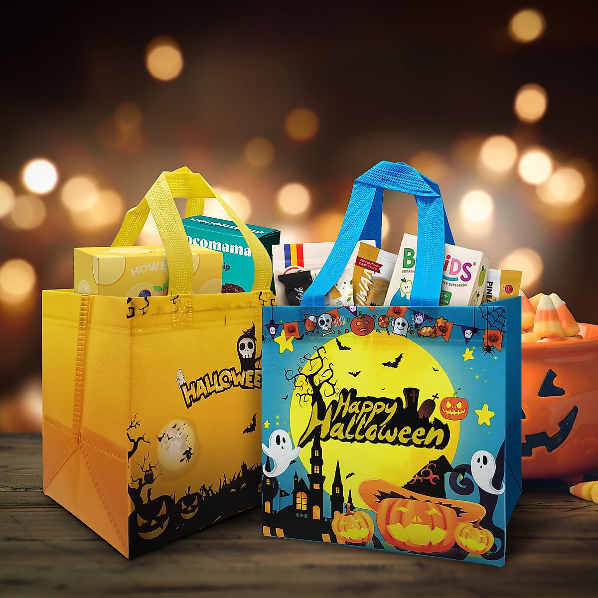 Maetrin Halloween Bags for Trick or Treat Bags, 12pcs Small Halloween Party Favors Gift Bags with Handles for Kids & Adult, Premium Non-Woven Halloween Tote Bags with 12 Different Designs