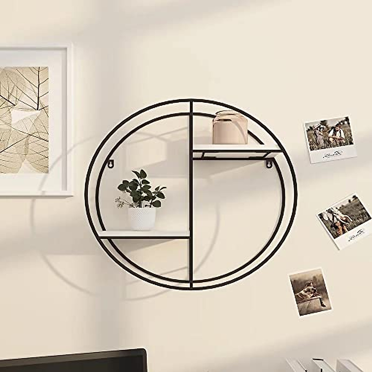 AIJADESK Geometric Wall Shelf Circle Shelf Wall Decor, Unique Metal Woodartfloating Geometric Shelf Apply to Small Space Wall Shelves Wall Hanging Storage Wall Decoration.