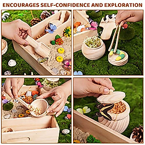 Crisschirs Sensory Bin Tools with Wooden Box, Montessori Toys for Toddlers, Sensory Toys, Set of 12 Wooden Scoops and Wooden Tongs for Transfer Work and Fine Motor Learning (Brush 12 Sensory Toys)