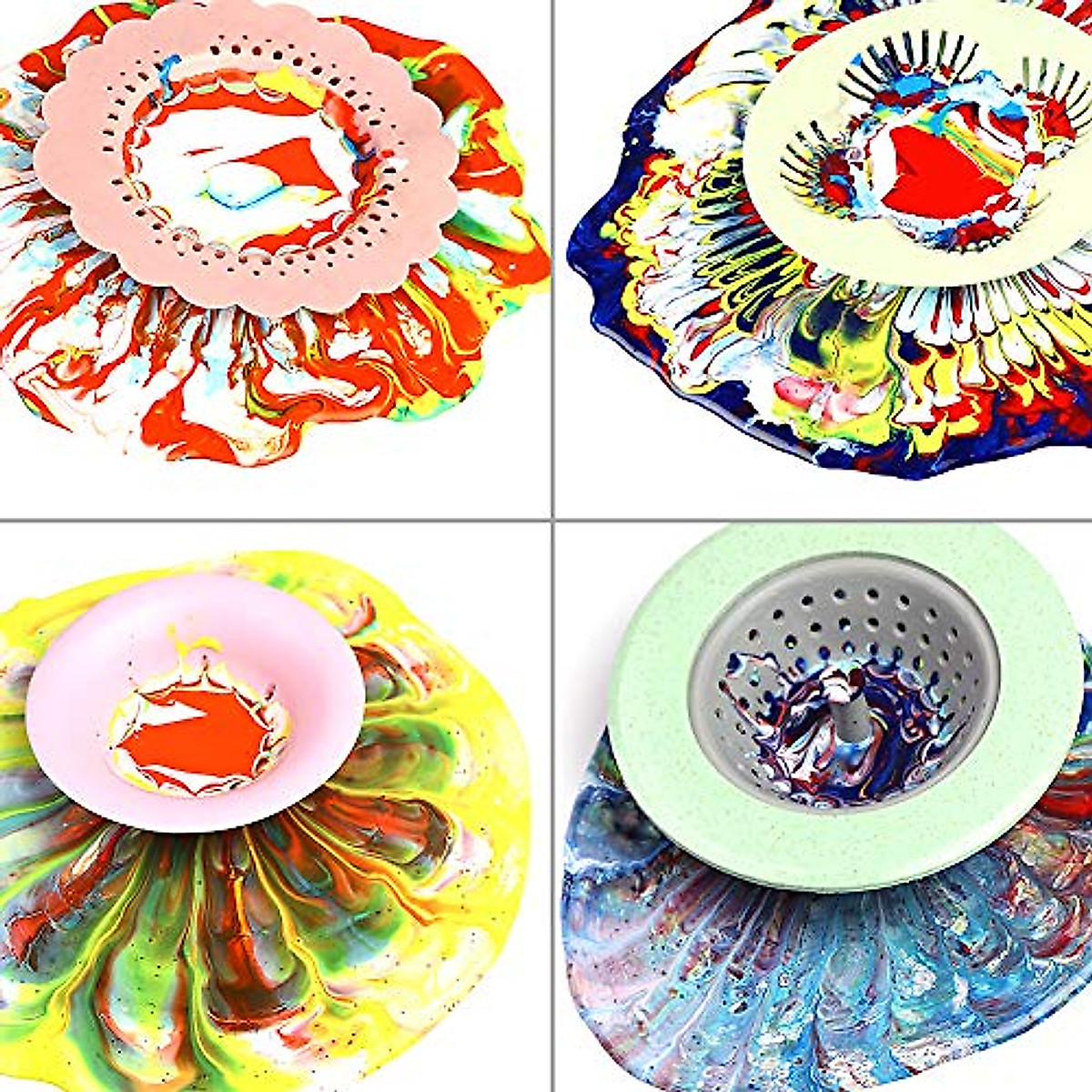Acrylic Pouring Strainers, Angela&Alex 7 PCS Flow Painting Tools Art Supplies Kits Drawing Flow Fluid Sets Strainers Plastic Silicone Drain Basket Unique Pattern