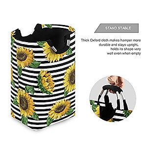 Aflyko Sunflower Black and White Stripes Laundry Basket Foldable Waterproof Laundry Hamper Large Storage Basket with Handles for Bathroom Washhouse Home Decor