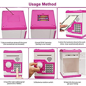 Renvdsa Cartoon Electronic ATM Password Piggy Bank Cash Coin Can Auto Scroll Paper Money Saving Box Gift for Kids (White Pink)