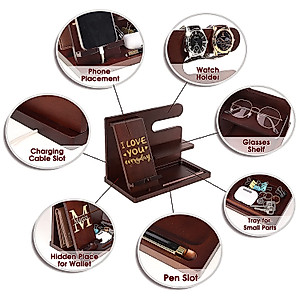 Personalized Wood Phone Docking Station For Husband Boyfriend - I Love You Everyday - Key Holder Wallet Stand Watch Organizer Men Gift Anniversary Birthday Christmas Nightstand Male Travel Gadgets