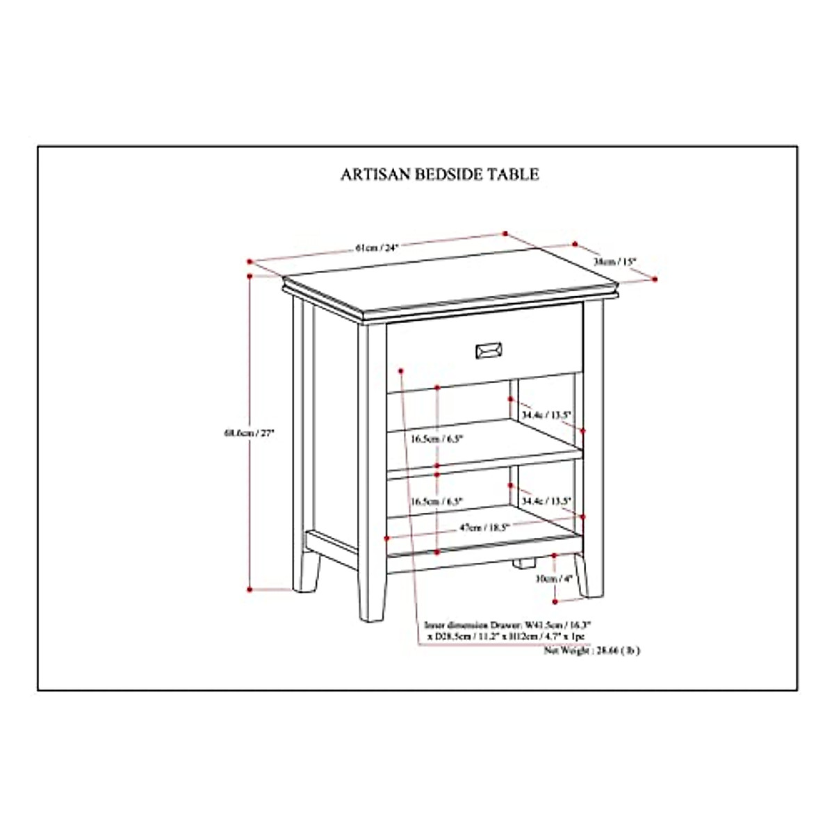 SIMPLIHOME Artisan 24 inches Wide Night Stand, Bedside table, Warm Walnut Brown SOLID WOOD, Rectangle, with Storage, 1 Drawer and 2 Shelves, For the Bedroom, Contemporary Modern