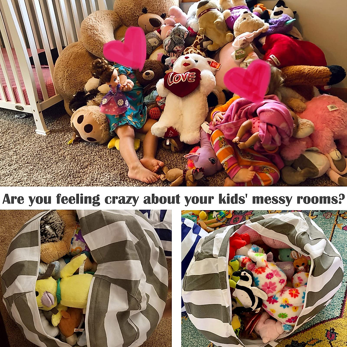 2-pack Stuffed Animal Storage Bean Bags for Kids Room 23" Empty Animal Beanbag Chair Covers Only Small Stuffed Animal Storage for Toddlers, Children, Boys, Girls Kids Room Decor, White Grey Stripes