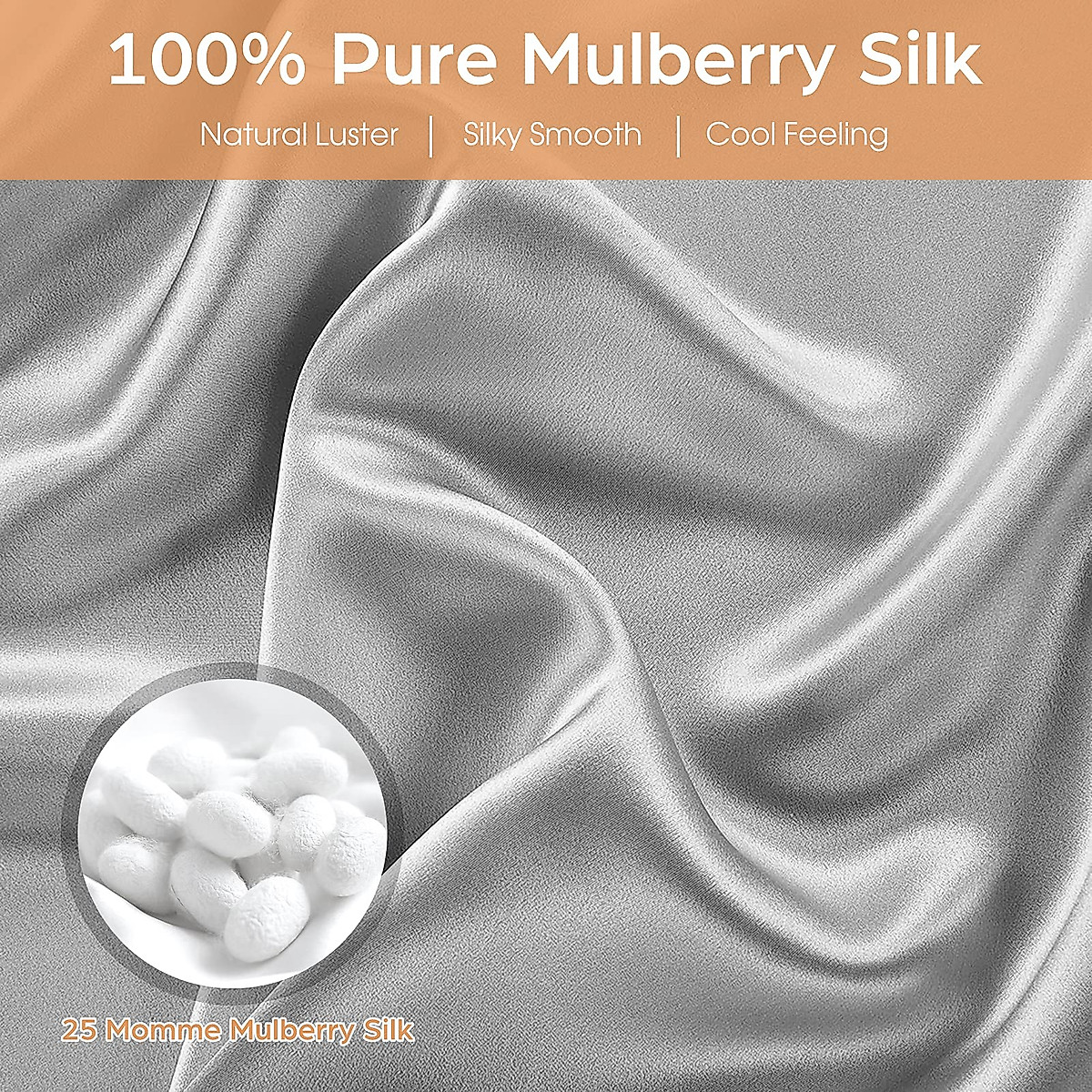 Veaken Silk Pillowcase for Hair and Skin, 2 Pack 100% Mulberry Silk Pillowcase 25 Momme, 600 Thread Count, Both Side Pure Silk Pillow Cover with Hidden Zipper (Gray, Queen 20''×30'')