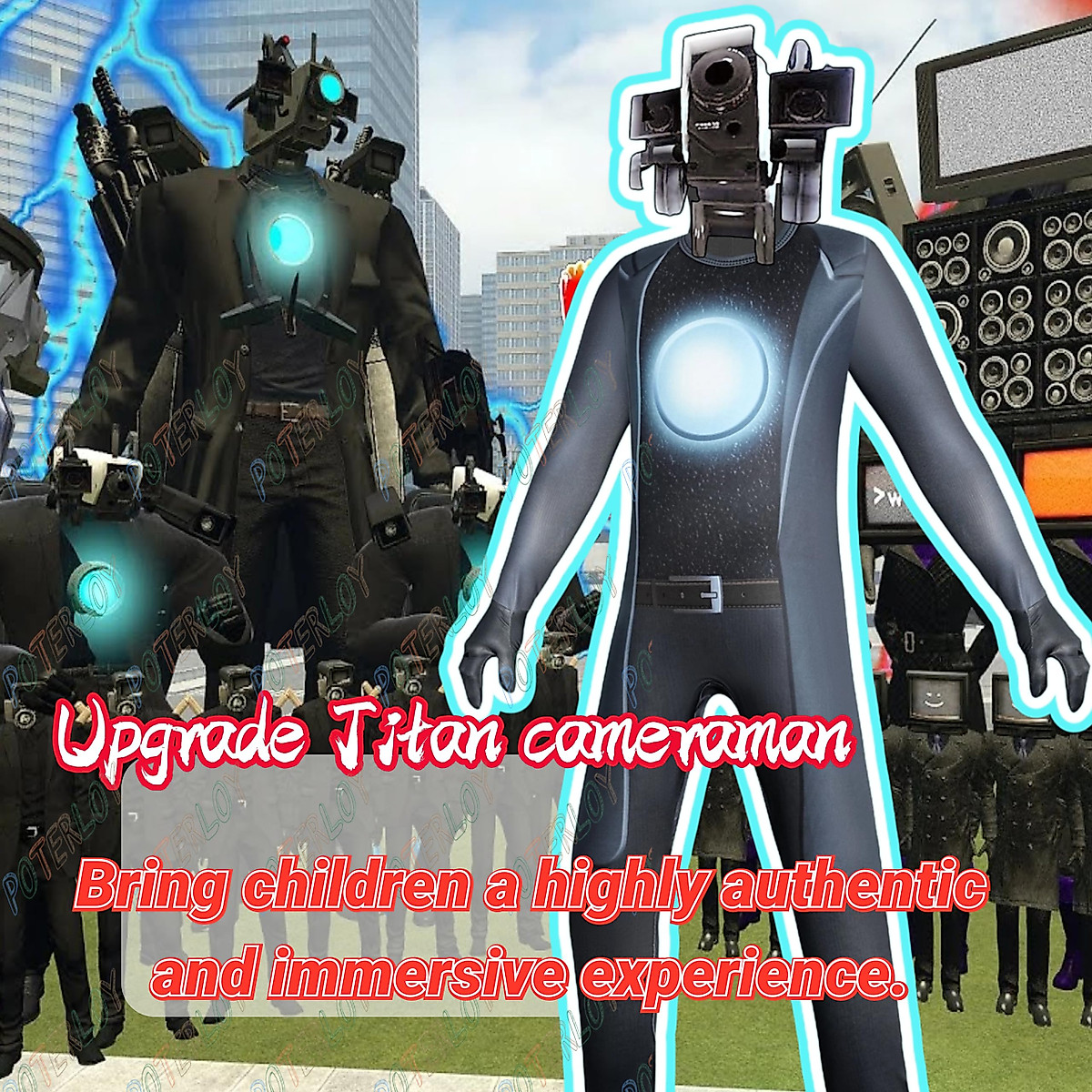 Poterloy Camera Man Costume Cosplay For Boy Cameraman Cosplay Bodysuit Tv Man Jumpsuit For Halloween with Mask 5-6 year