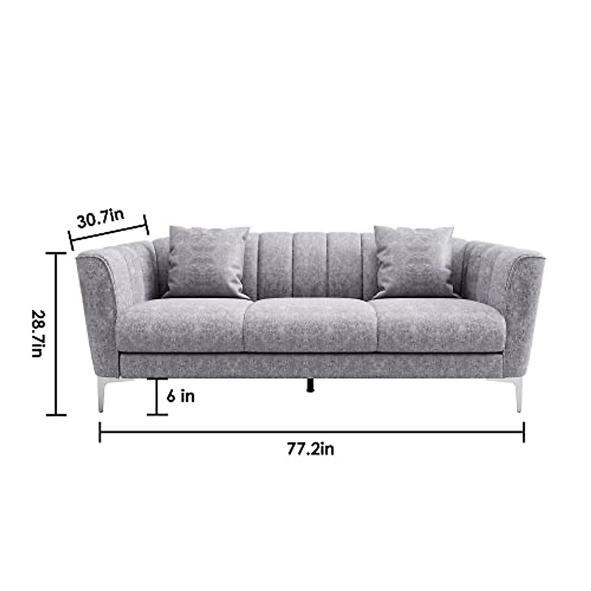 HOSTACK Modern Chenille Sofa, 77" Upholstered Couch with 2 Bolster Pillows and Armrest Bags, 3-Seat Sofa for Living Room, Bedroom, Office, Apartment, Dorm, Gray