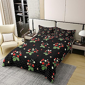 Castle Fairy 100% Cotton Red Strawberry Duvet Cover Queen Sweet Fruits Bedding Set for Boys Girls Bedroom Rustic Flowers Plant Comforter Cover White Dots Simple Style Soft Breathable Quilt Cover